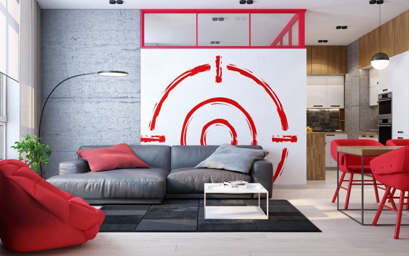 Design and decoration of a gray-red living room interior